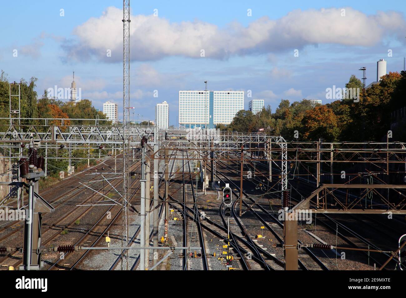 Railroad in Helsinki, Finland. Photographed Sep, 2019. Multiple train ...