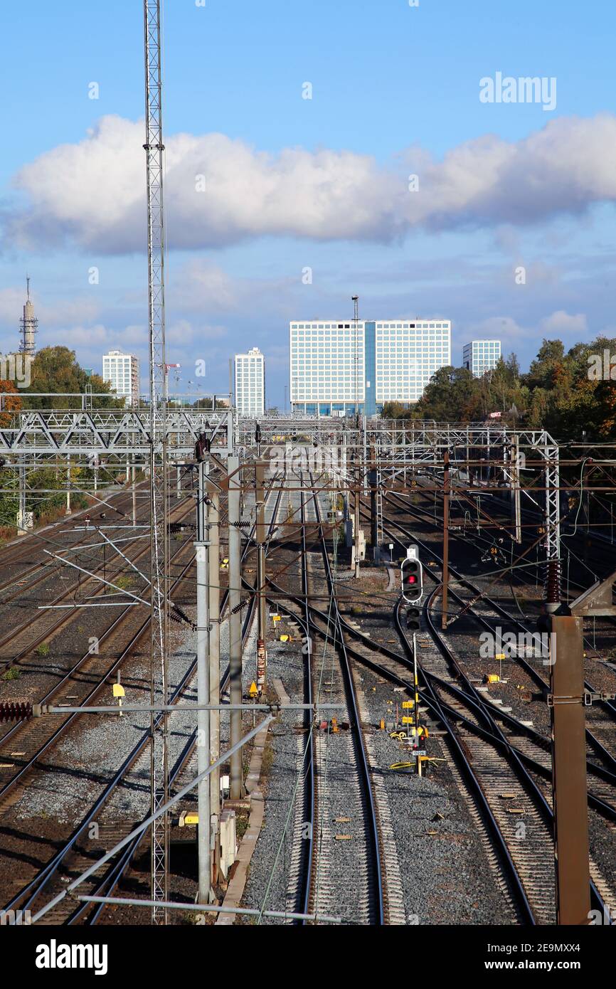 Railroad in Helsinki, Finland. Photographed Sep, 2019. Multiple train ...