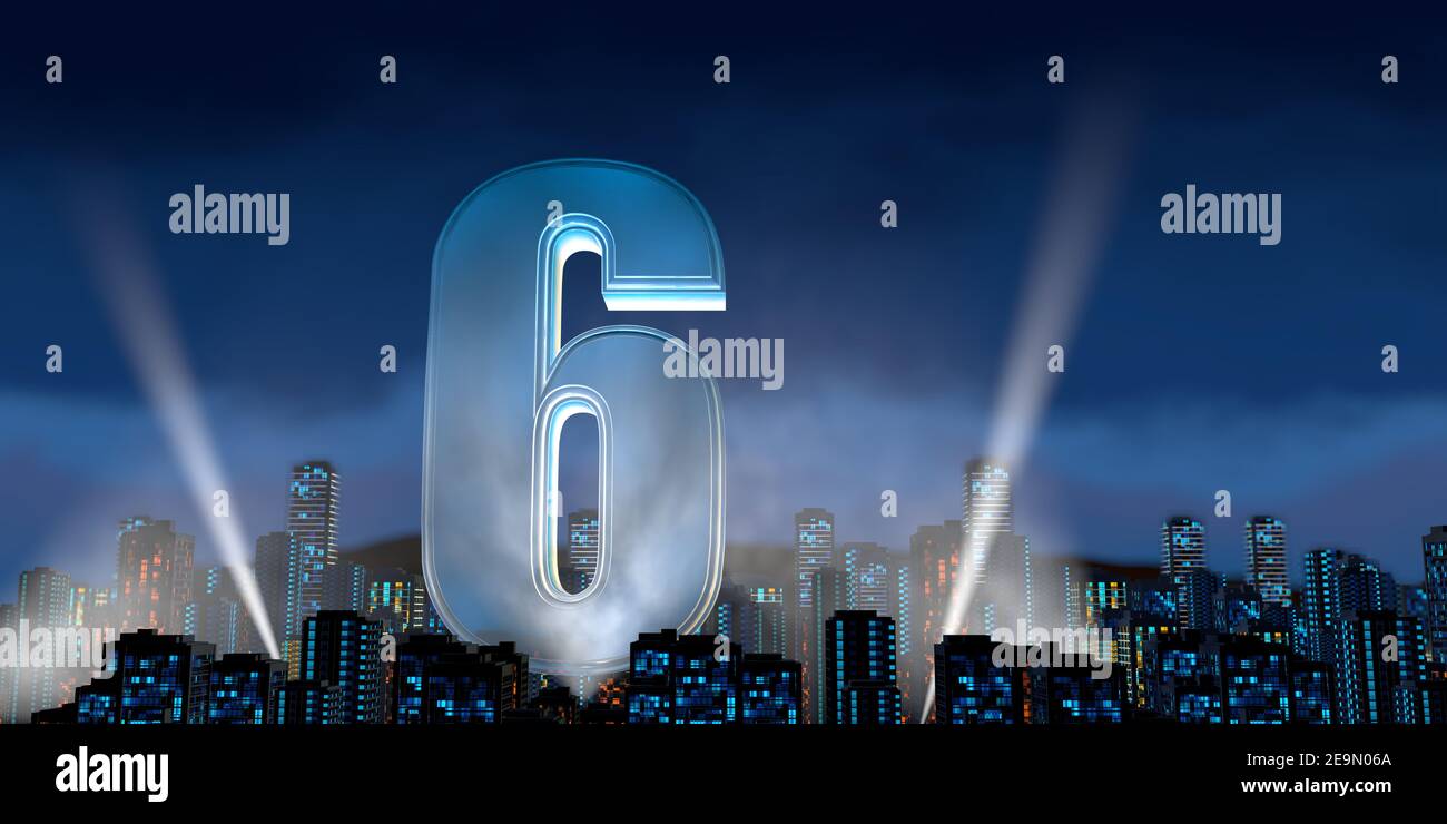 Number 6 in thick blue font lit from below with white light reflectors ...