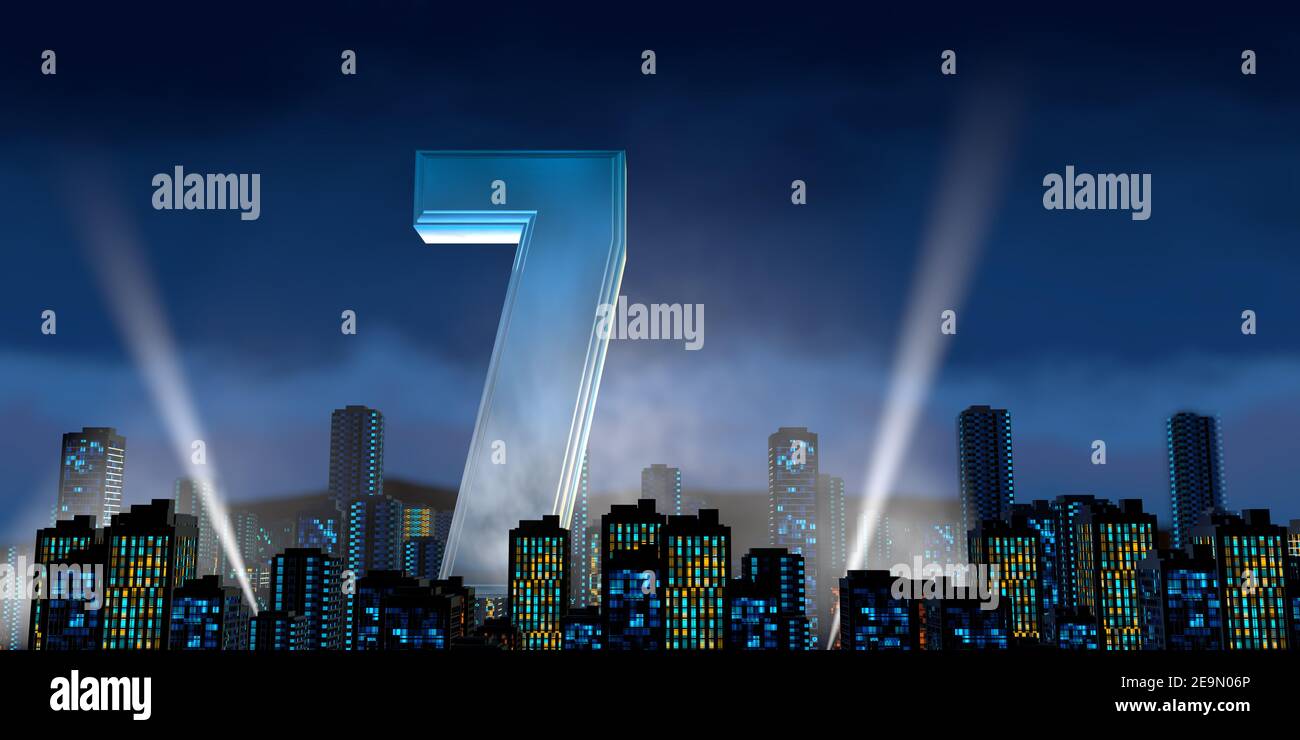 Number 7 in thick blue font lit from below with white light reflectors ...