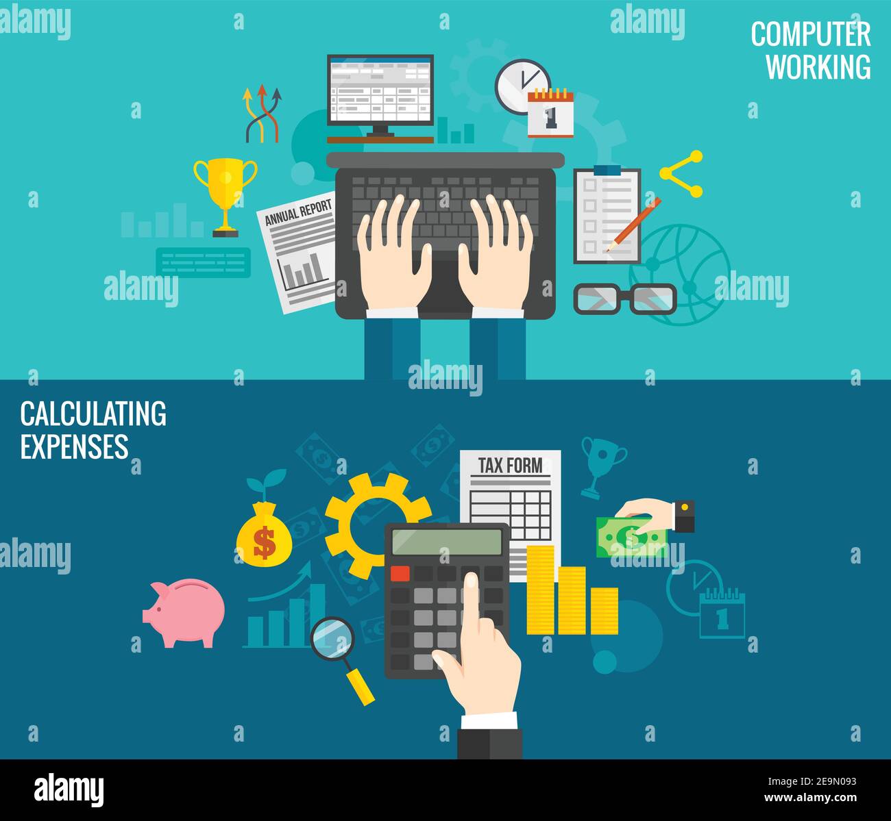 Business horizontal banners set with hands working on computer and ...