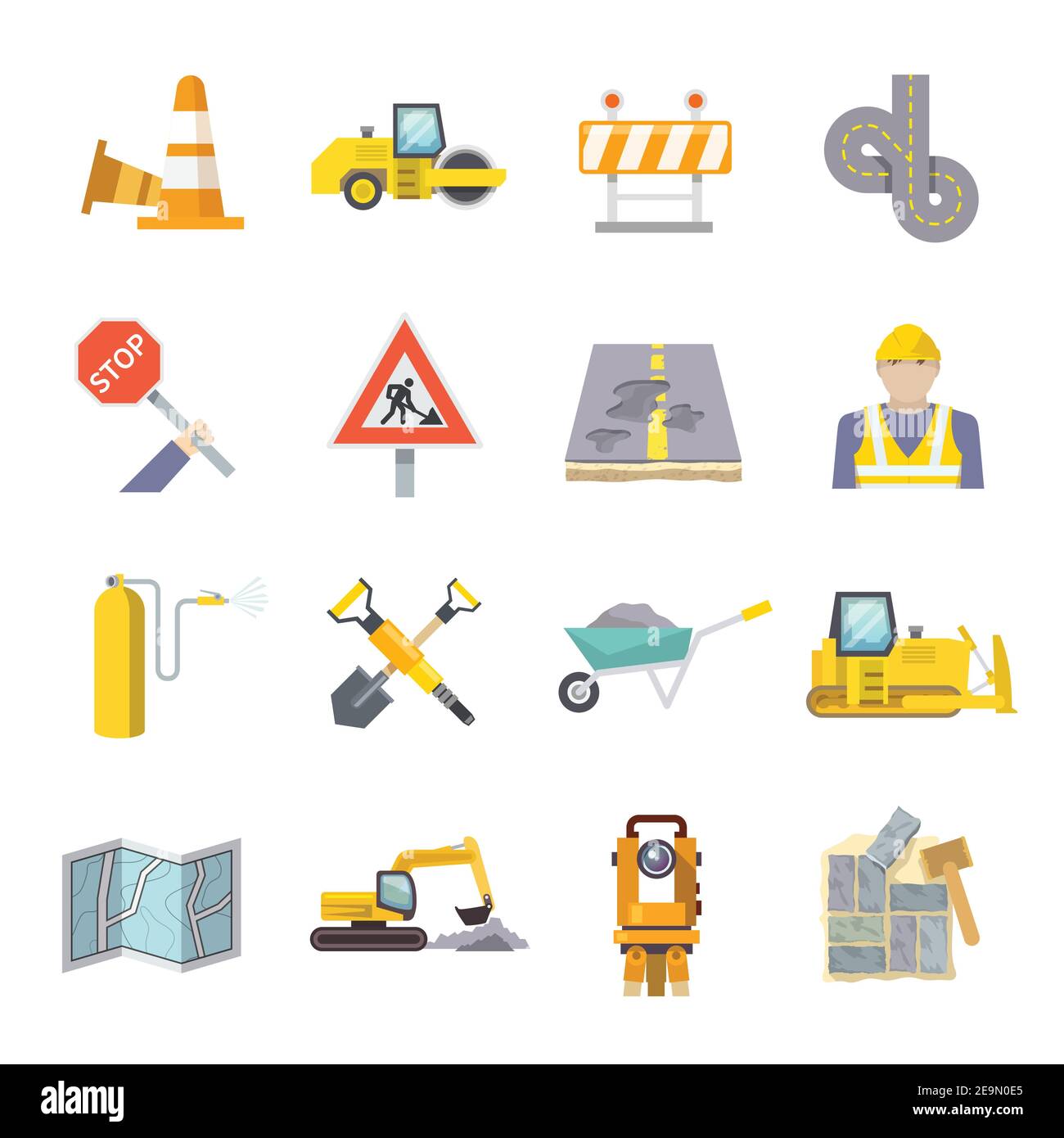 Road worker flat icons set with construction industry symbols and tools isolated vector ...