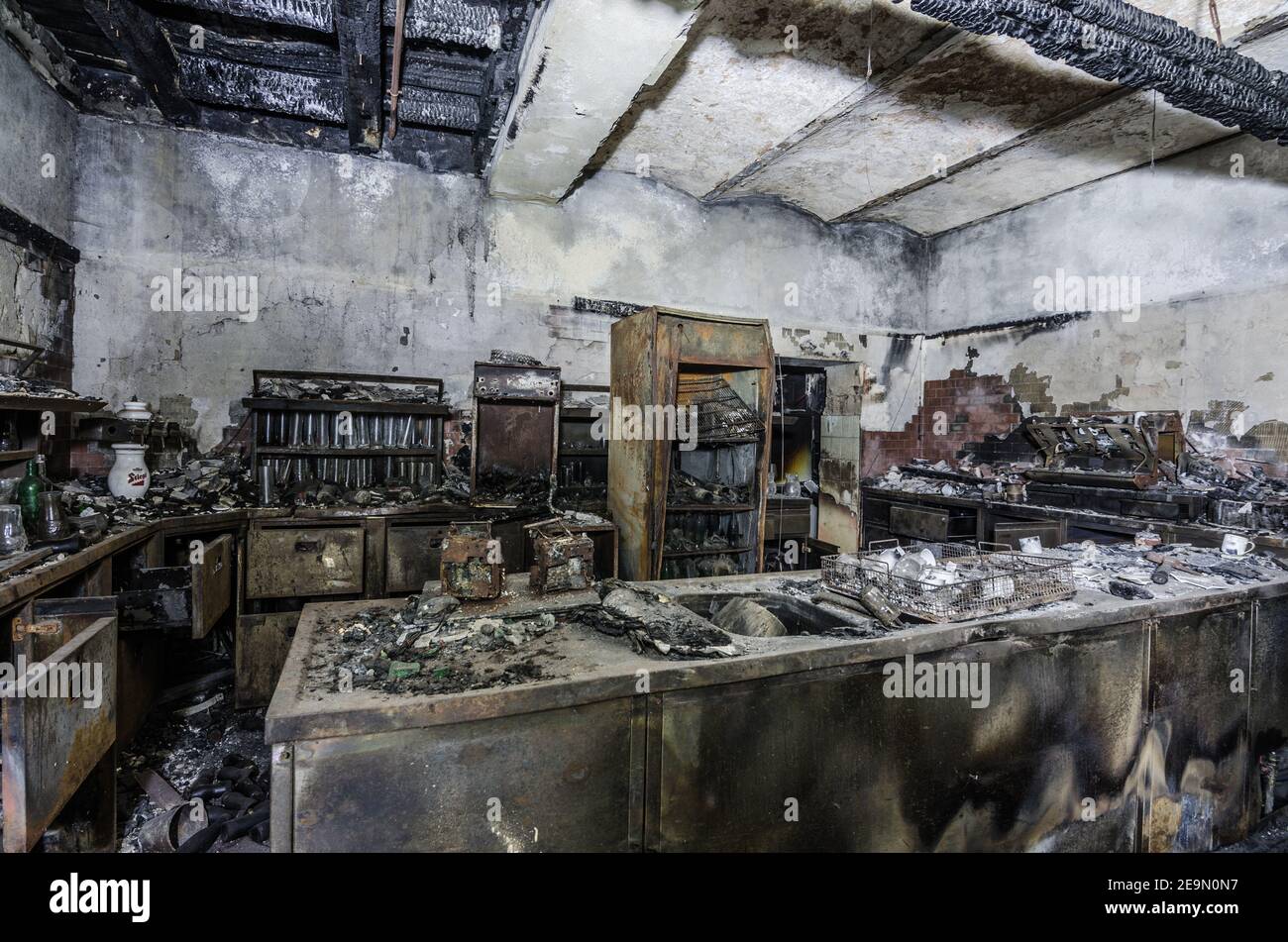 large kitchen with facilities after fire Stock Photo - Alamy