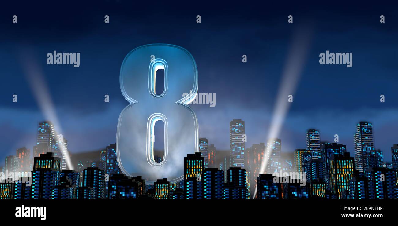 Number 8 in thick blue font lit from below with white light reflectors ...