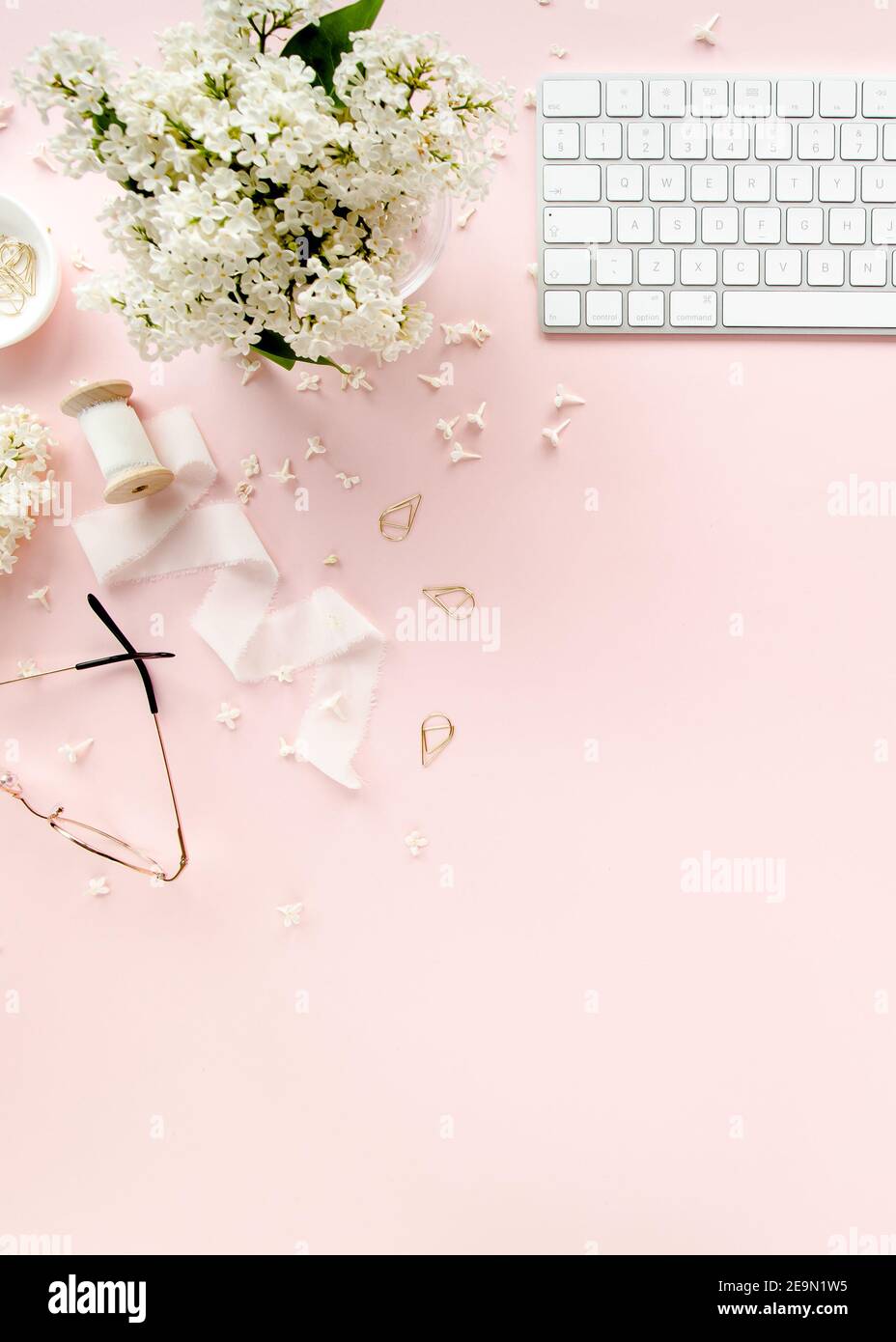 Office table desk with computer, lilac, clipboard. magazines. Top view ...