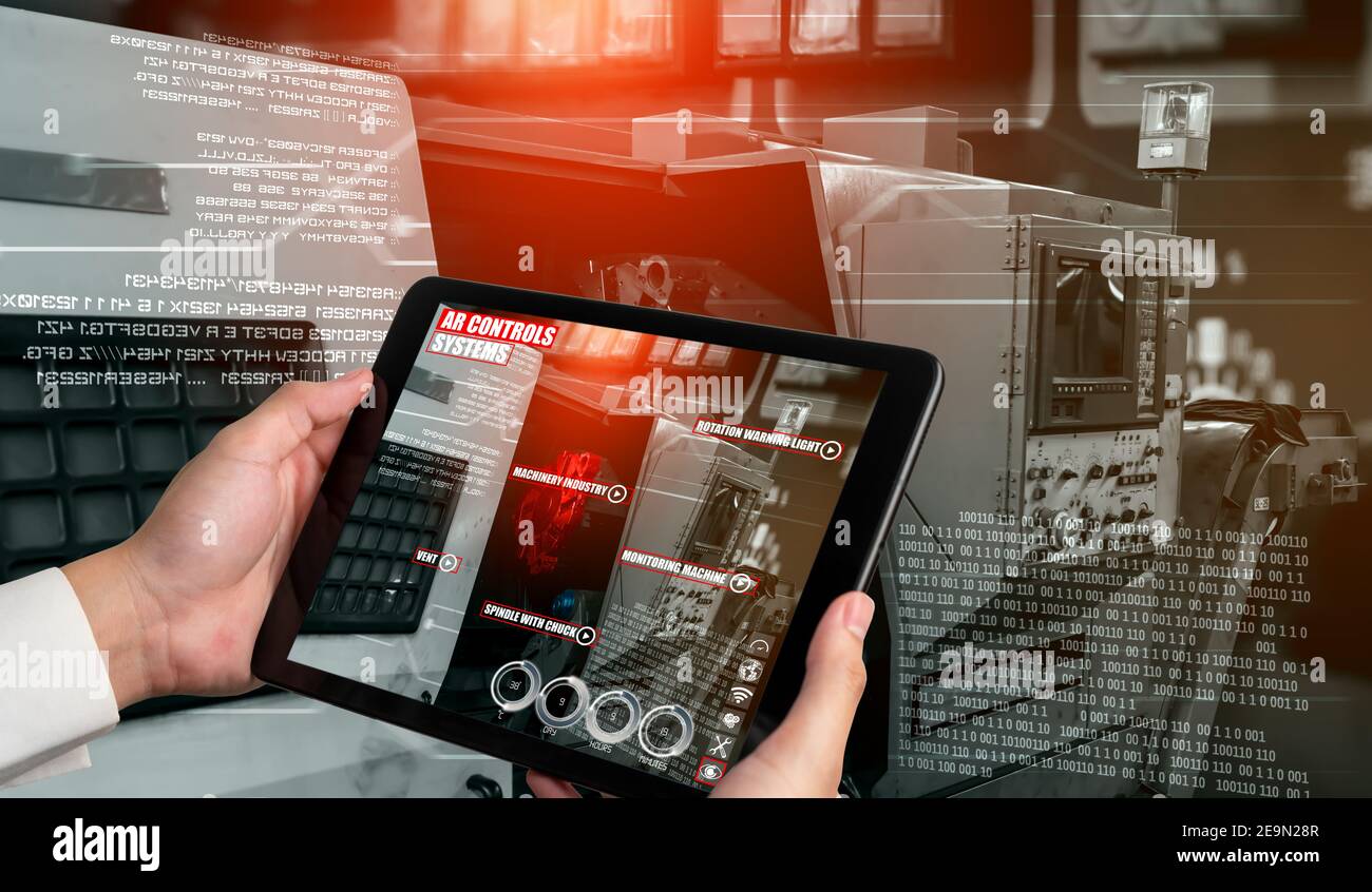 Engineer use augmented reality software in smart factory production ...