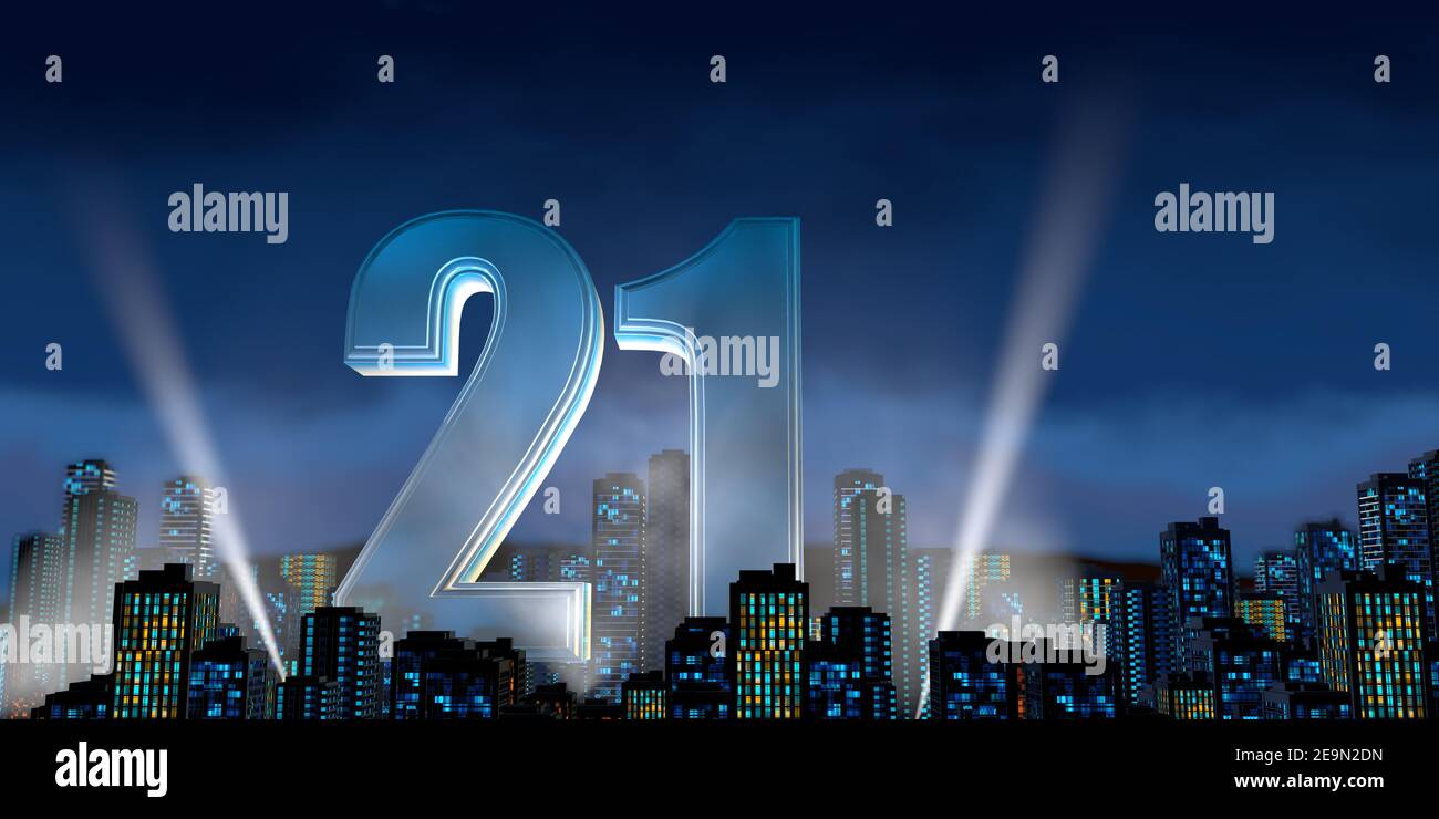 Number 21 in thick blue font lit from below with white light reflectors ...