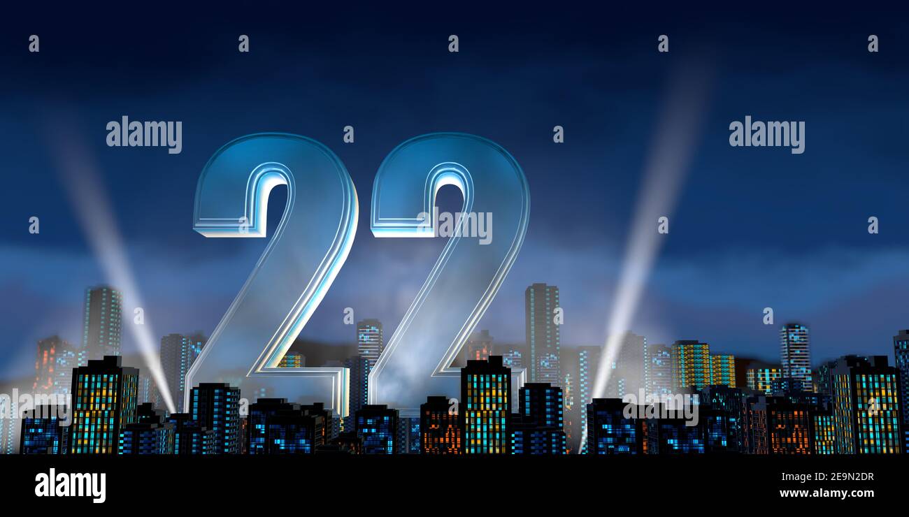 Number 22 in thick blue font lit from below with white light reflectors ...