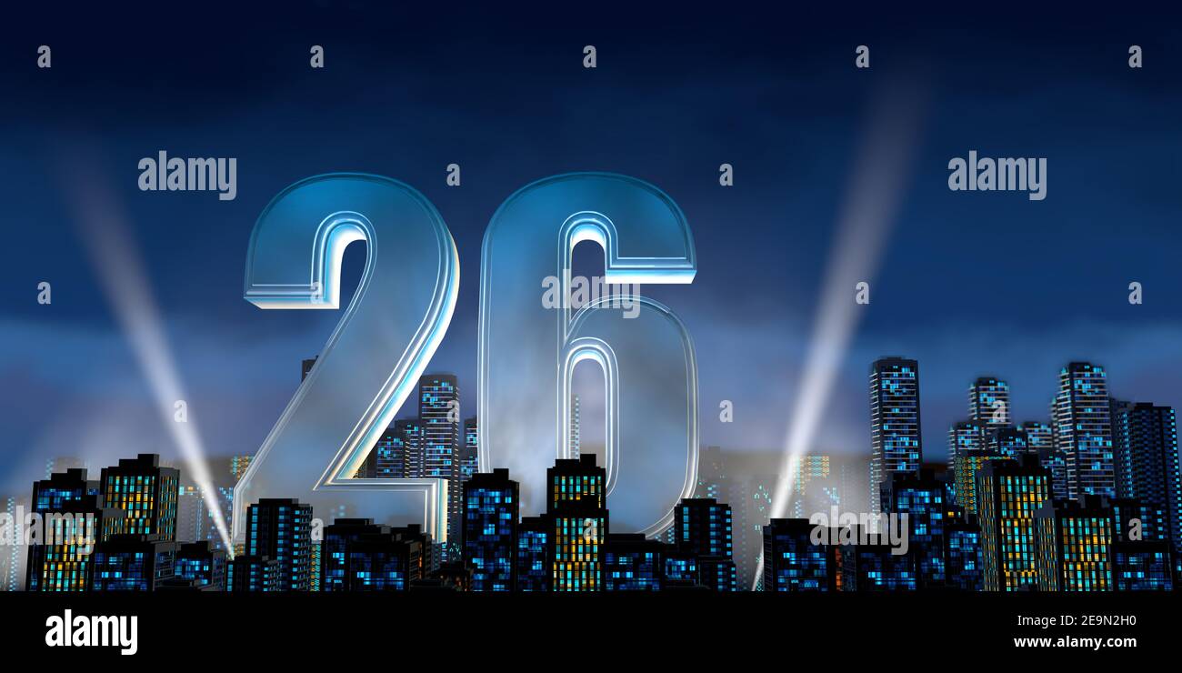 Number 26 in thick blue font lit from below with white light reflectors ...