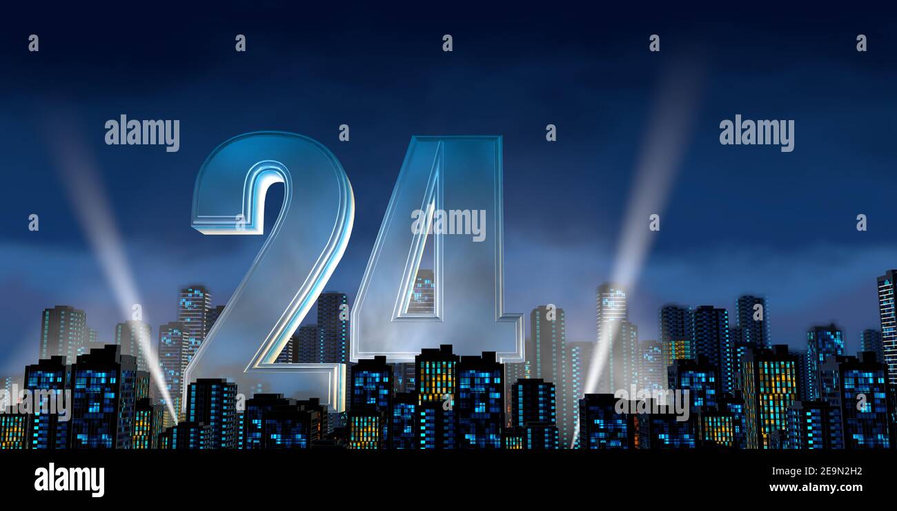 Number 24 in thick blue font lit from below with white light reflectors ...
