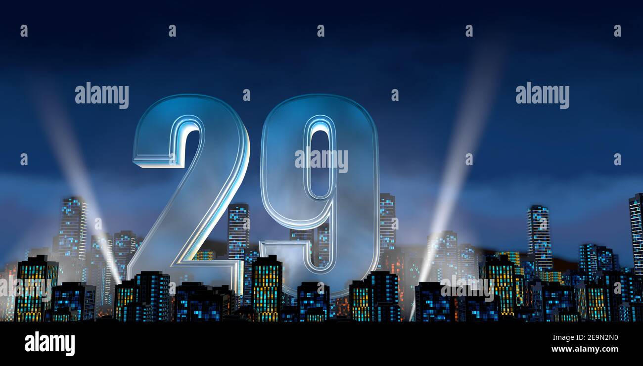 Number 29 in thick blue font lit from below with white light reflectors ...