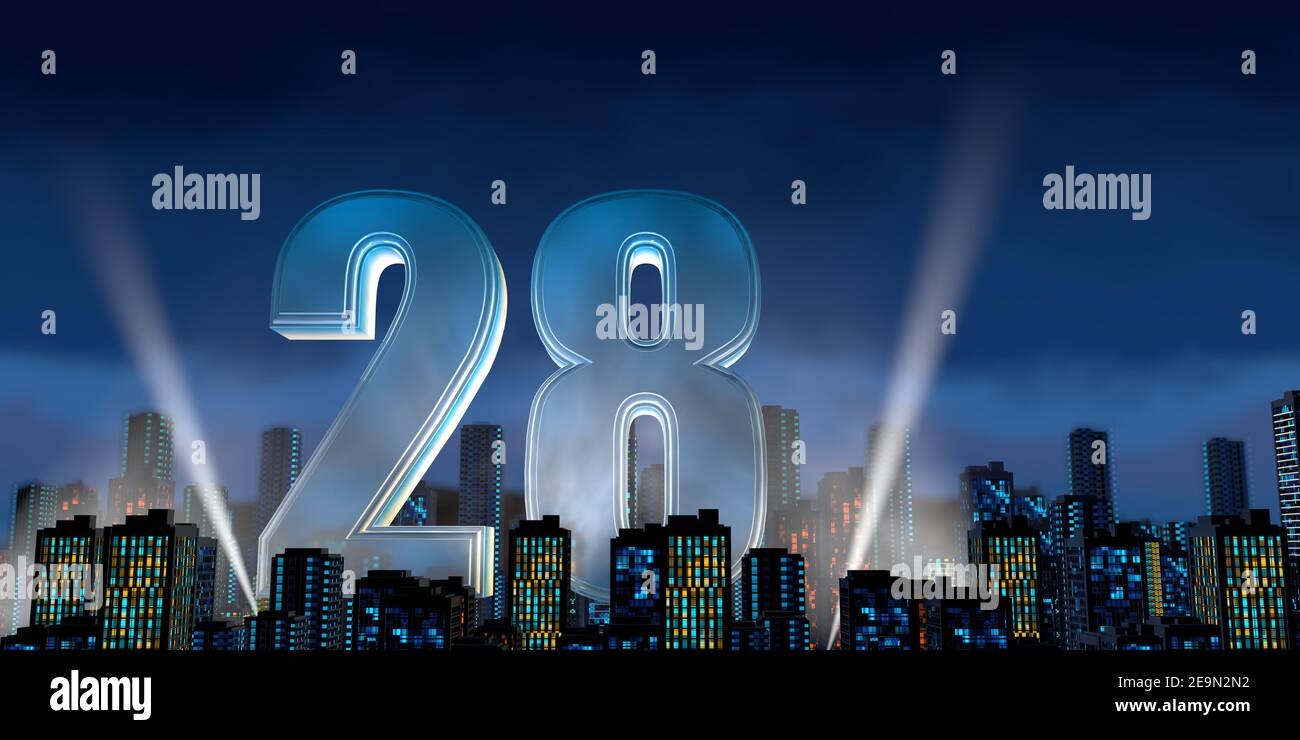 Number 28 in thick blue font lit from below with white light reflectors ...