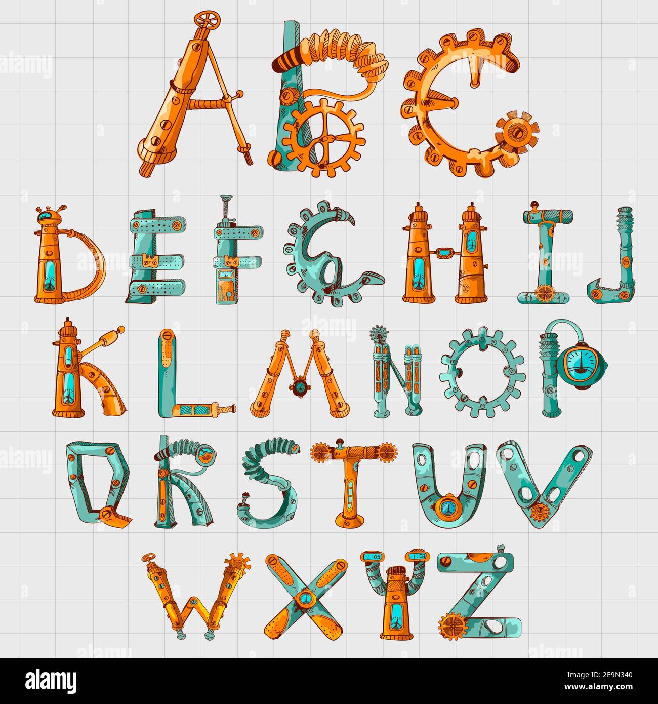 Mechanic alphabet clockwork mechanism letters colored set on squared ...