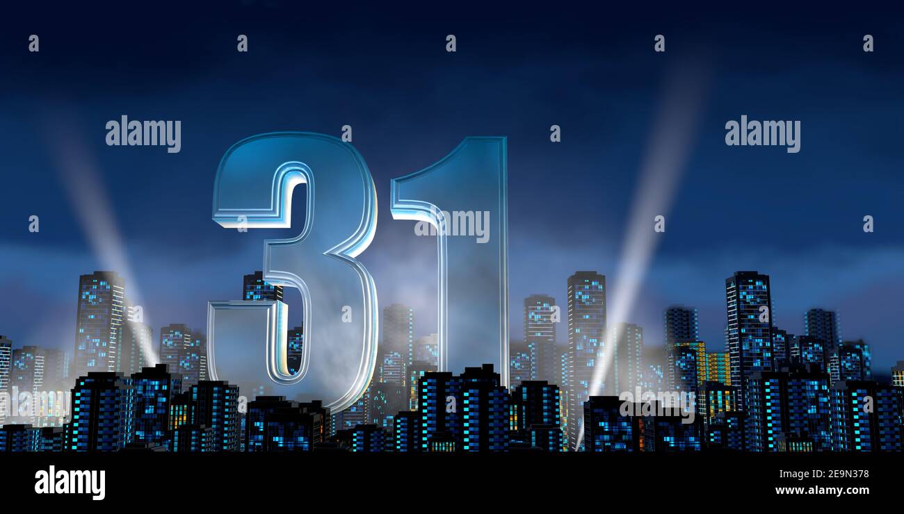 Number 31 in thick blue font lit from below with white light reflectors ...