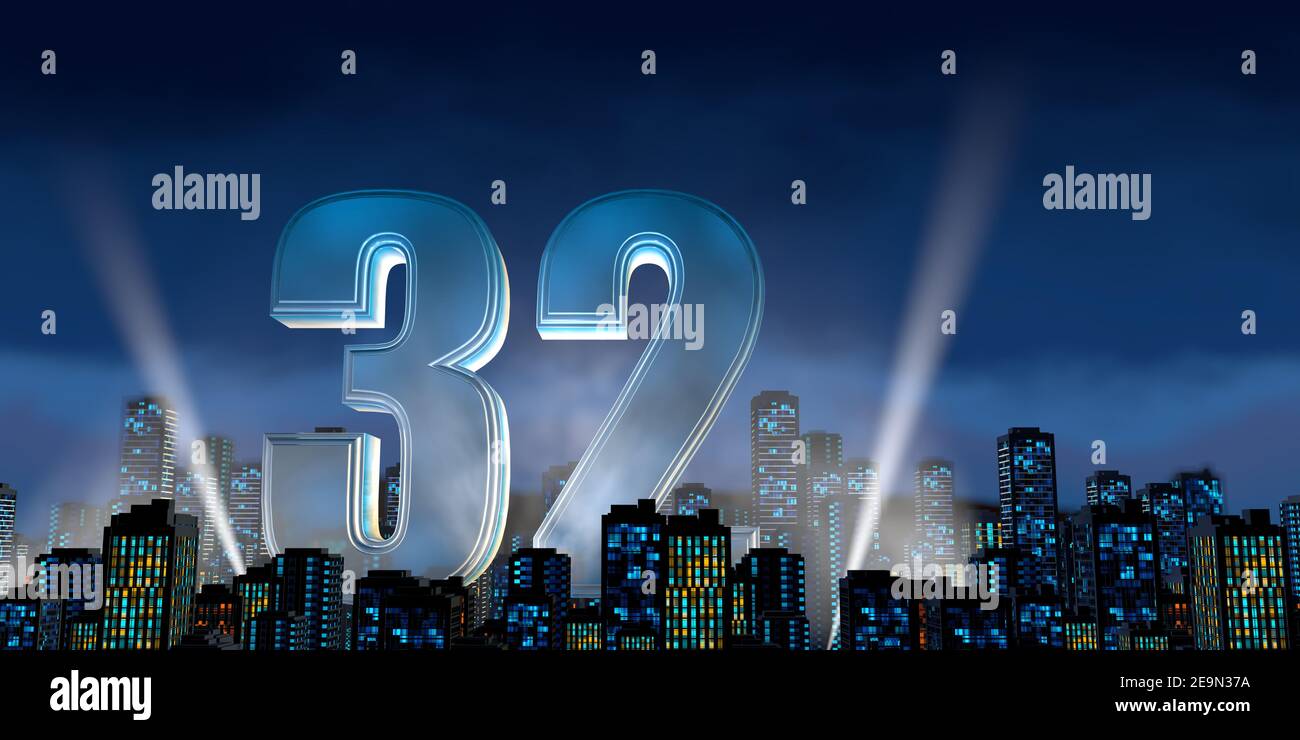 Number 32 in thick blue font lit from below with white light reflectors ...
