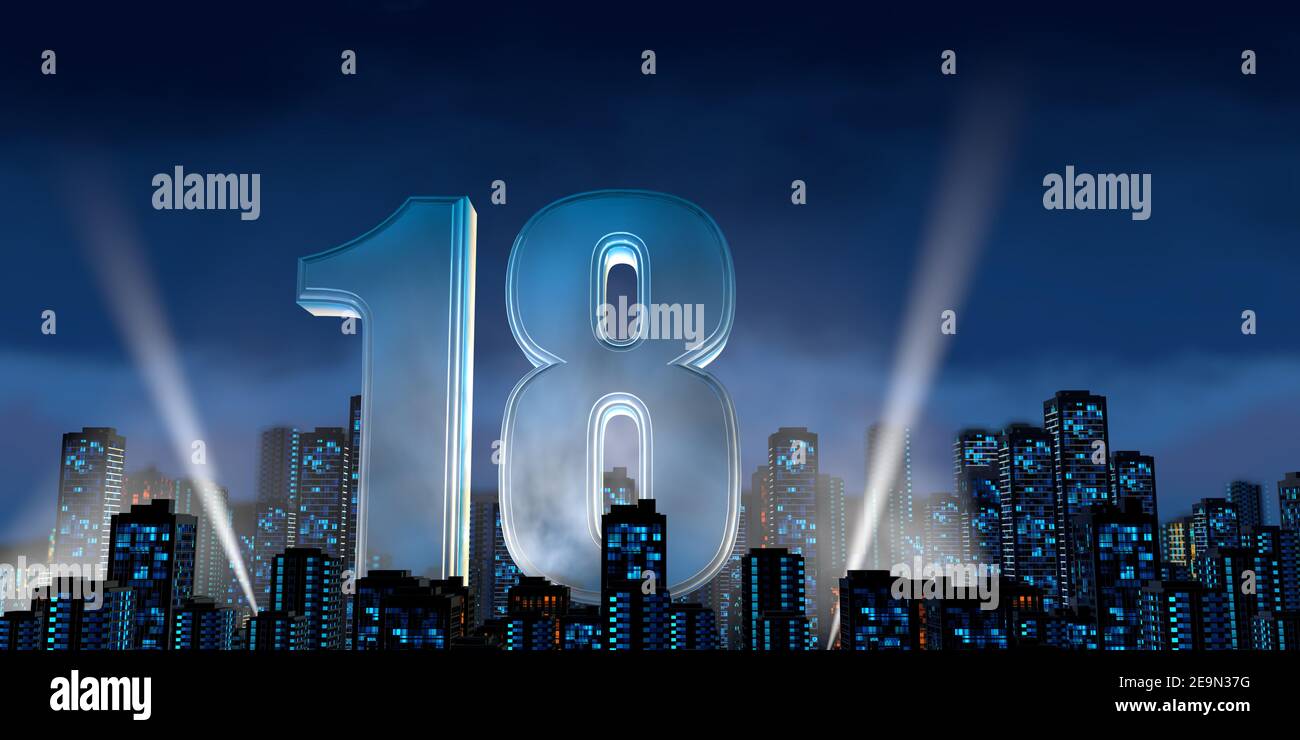 Number 18 in thick blue font lit from below with white light reflectors ...