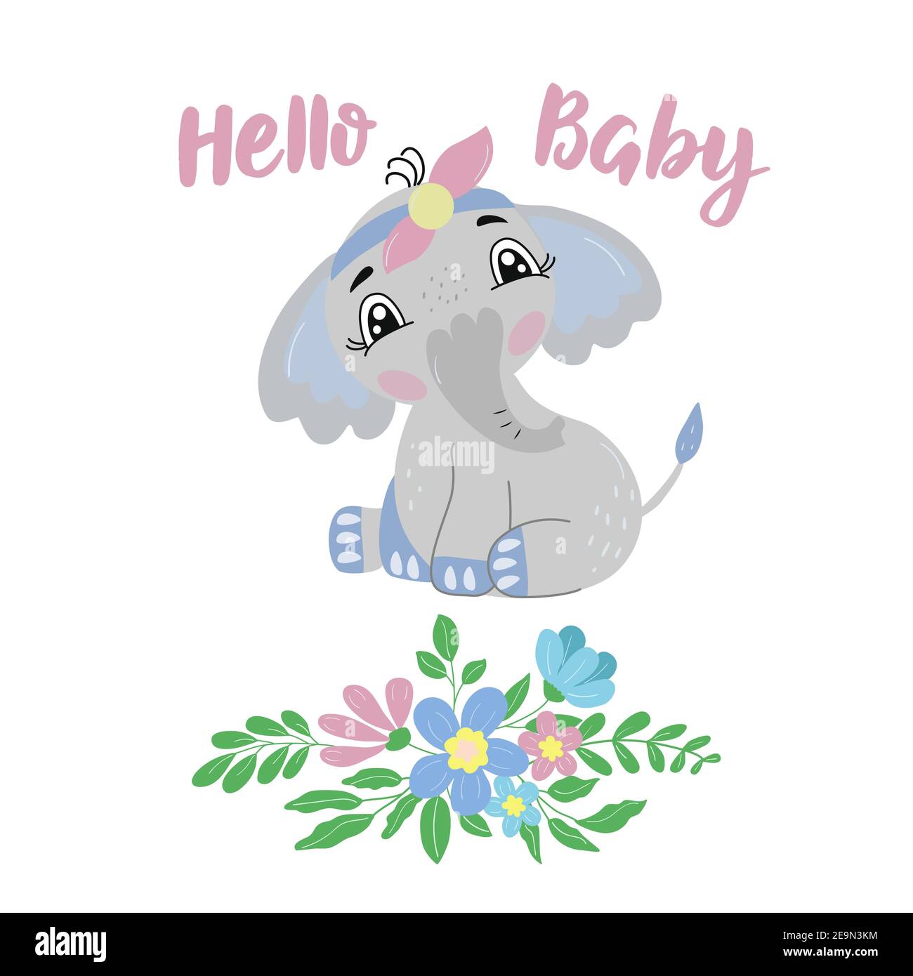 Cute cartoon elephant, inscription - hello baby Stock Vector Image ...