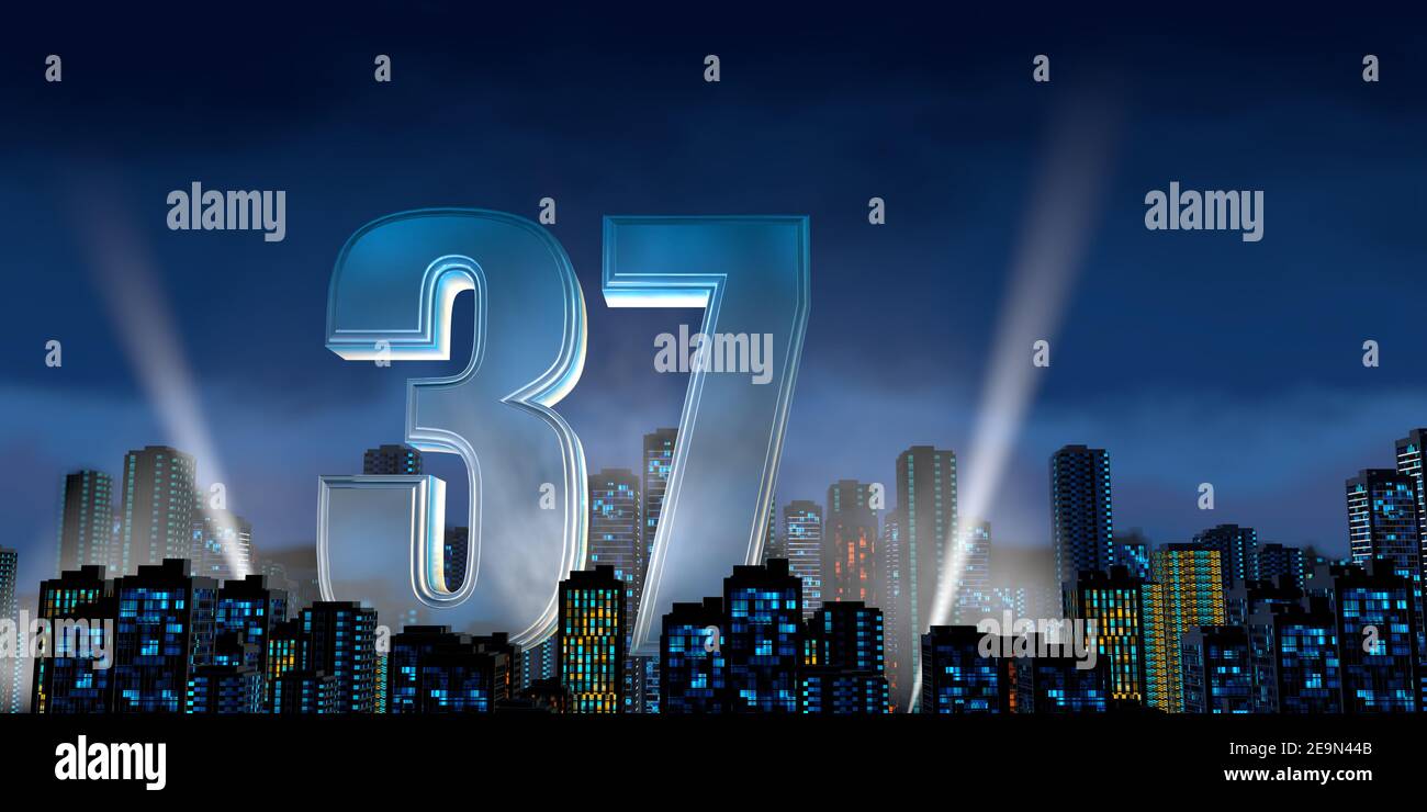 Number 37 in thick blue font lit from below with white light reflectors ...
