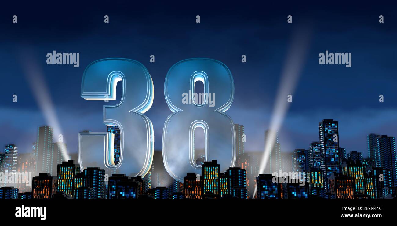 Number 38 in thick blue font lit from below with white light reflectors ...