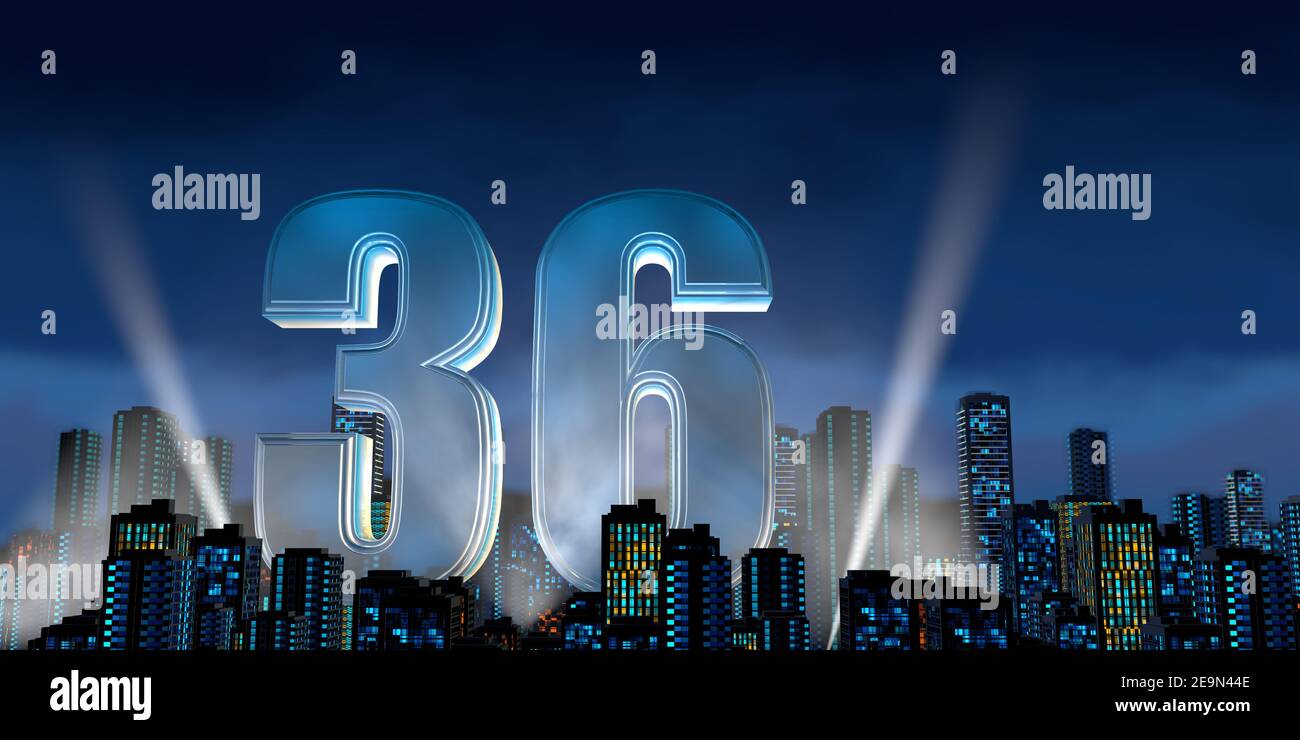 Number 36 in thick blue font lit from below with white light reflectors ...