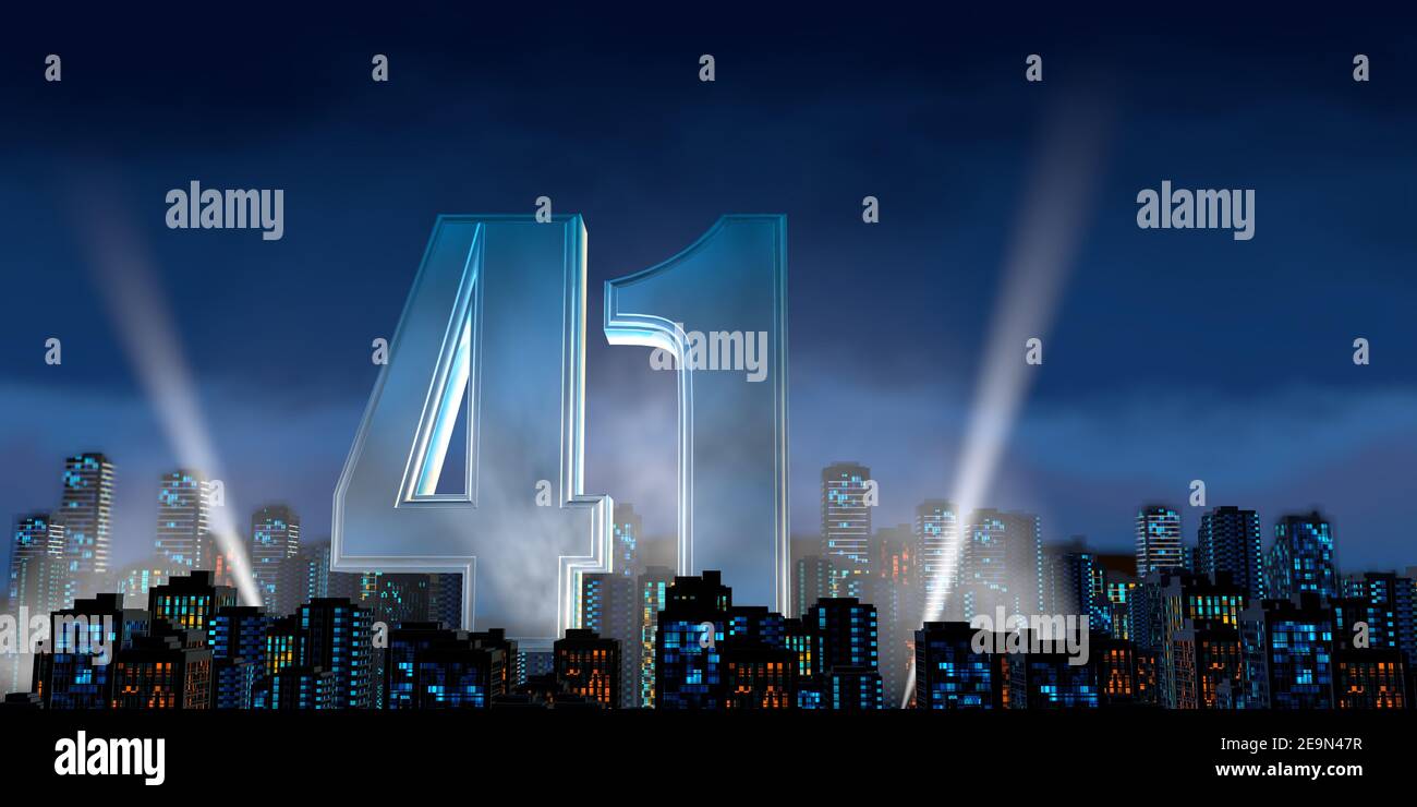 Number 41 in thick blue font lit from below with white light reflectors ...