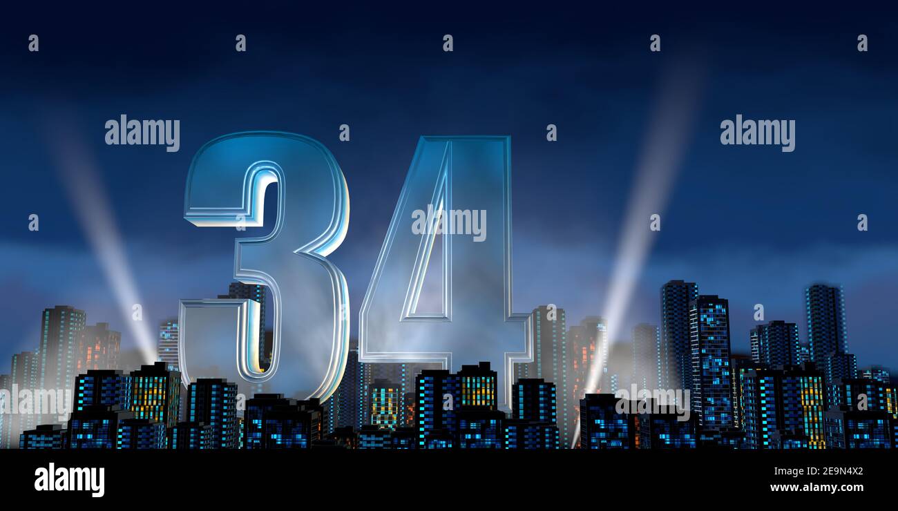 Number 34 in thick blue font lit from below with white light reflectors ...