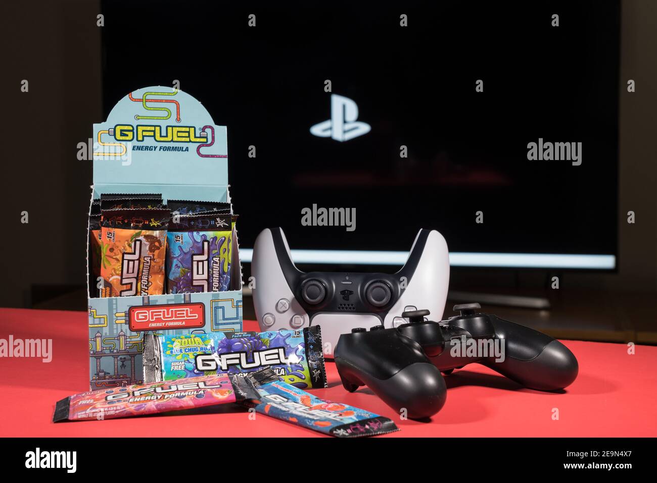 Morgantown, WV - 5 February 2021: GFuel energy drink with PS5 ...