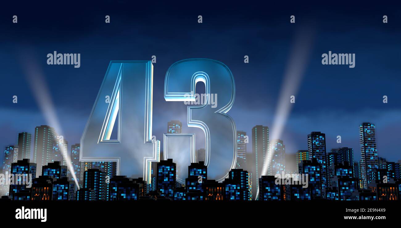 Number 43 in thick blue font lit from below with white light reflectors ...