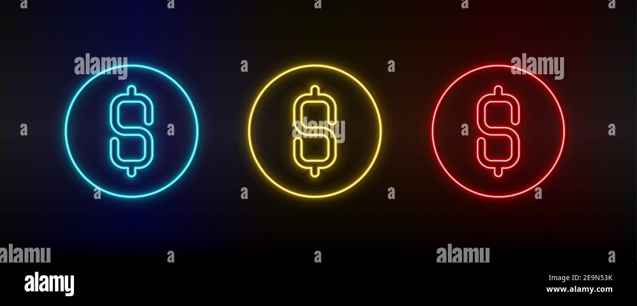 Neon icon set dollar, money, coin. Set of red, blue, yellow neon vector ...