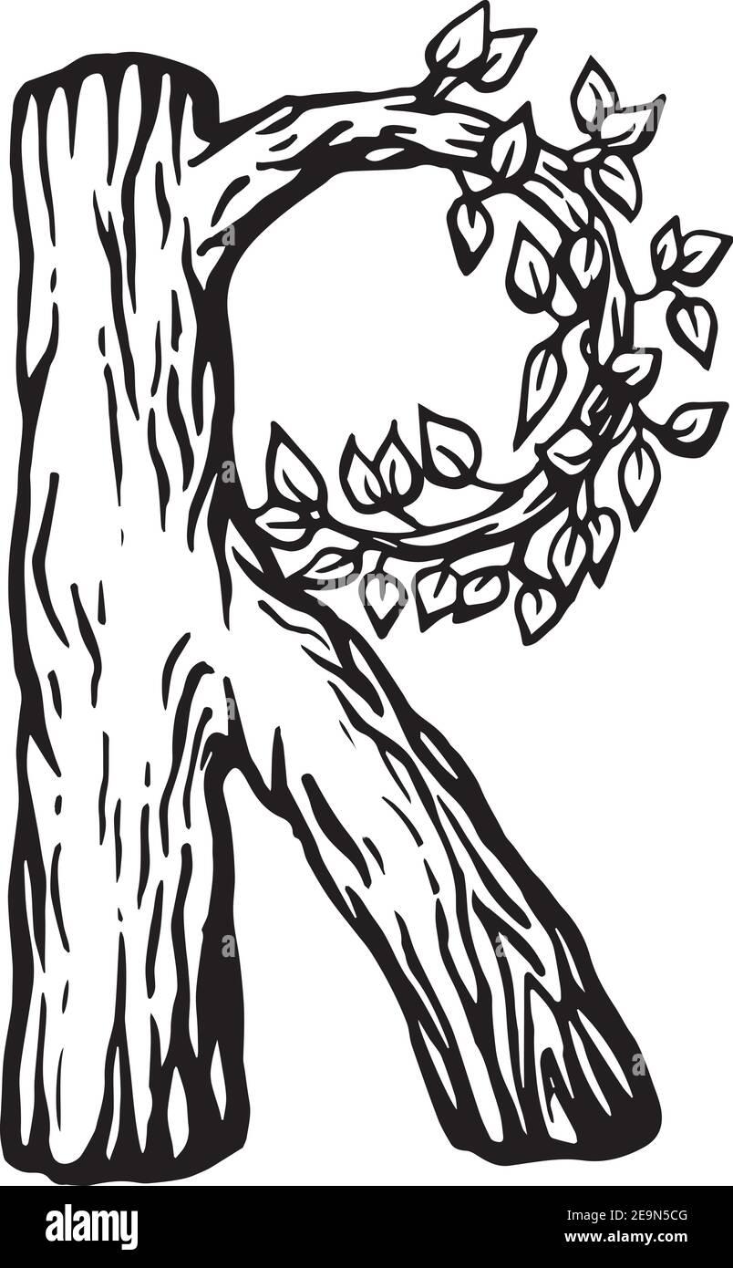 Black engraving Letter R made of wood with leaves on the white ...