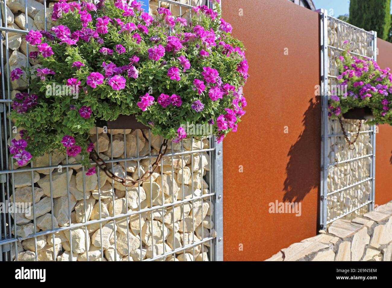 Close up of a gabion as a modern and high quality privacy screen and ...