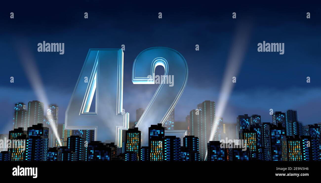 Number 42 in thick blue font lit from below with white light reflectors ...