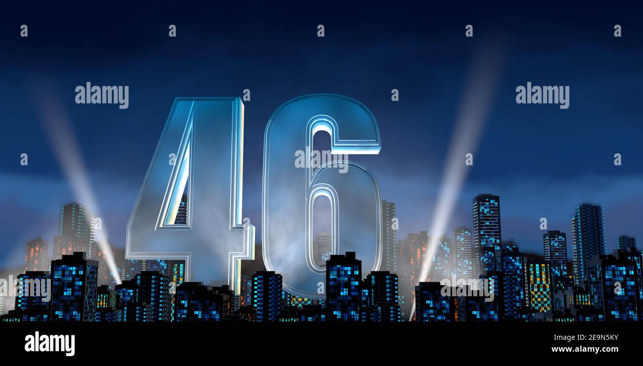 Number 46 in thick blue font lit from below with white light reflectors ...