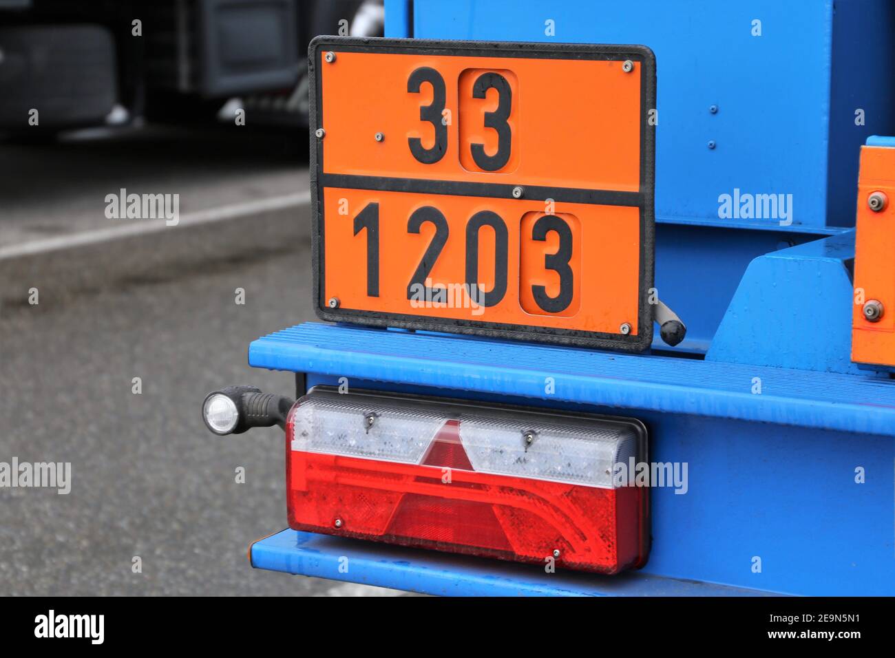 Truck with dangerous goods. Close up of a warning sign on a truck. 33/ ...
