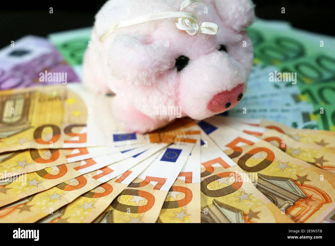 Euro bills (Euro banknotes) with a pig as a good luck symbol in Germany ...
