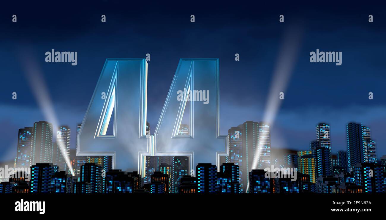 Number 44 in thick blue font lit from below with white light reflectors ...