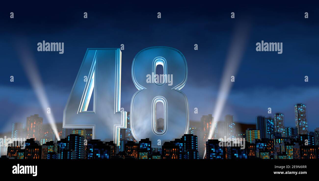 Number 48 in thick blue font lit from below with white light reflectors ...