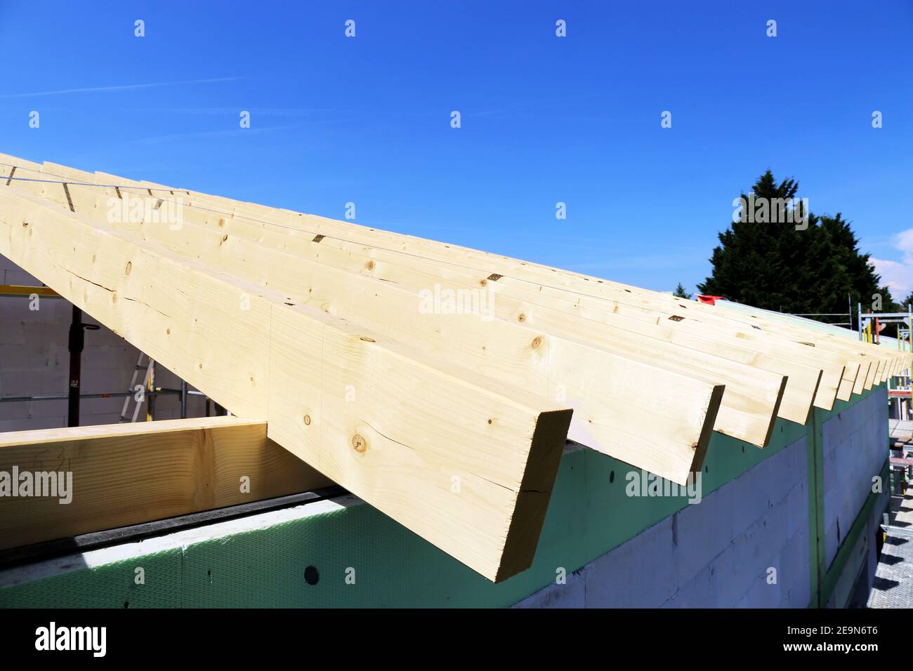 Timber construction, roof construction on a construction site Stock ...