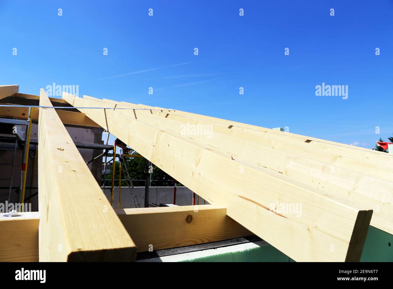 Timber construction, roof construction on a construction site Stock ...