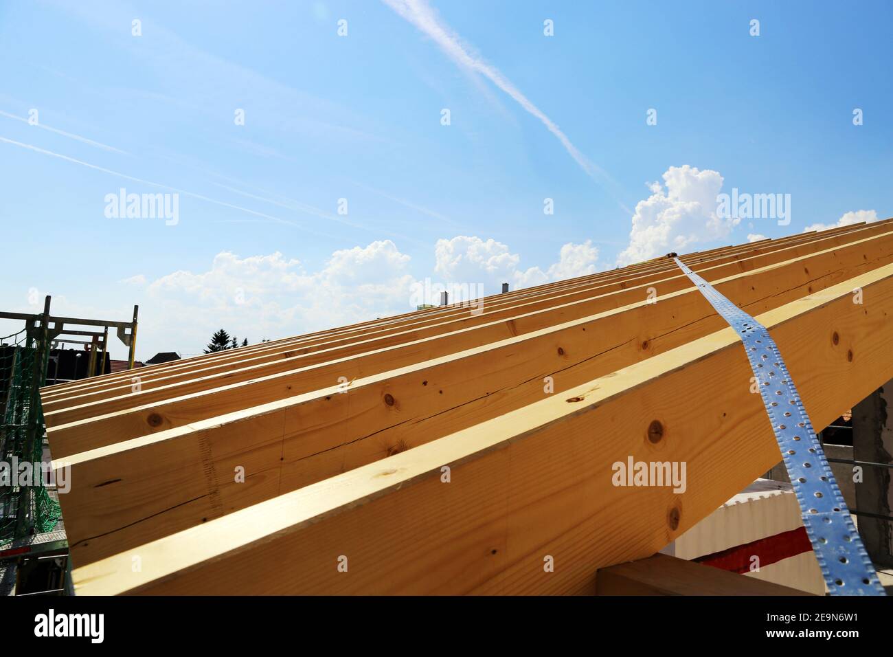 Timber construction, roof construction on a construction site Stock ...