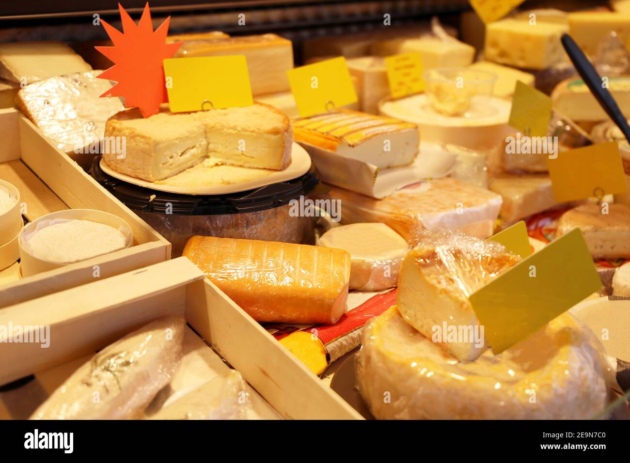 Variation of different types of cheese in the supermarket Stock Photo ...