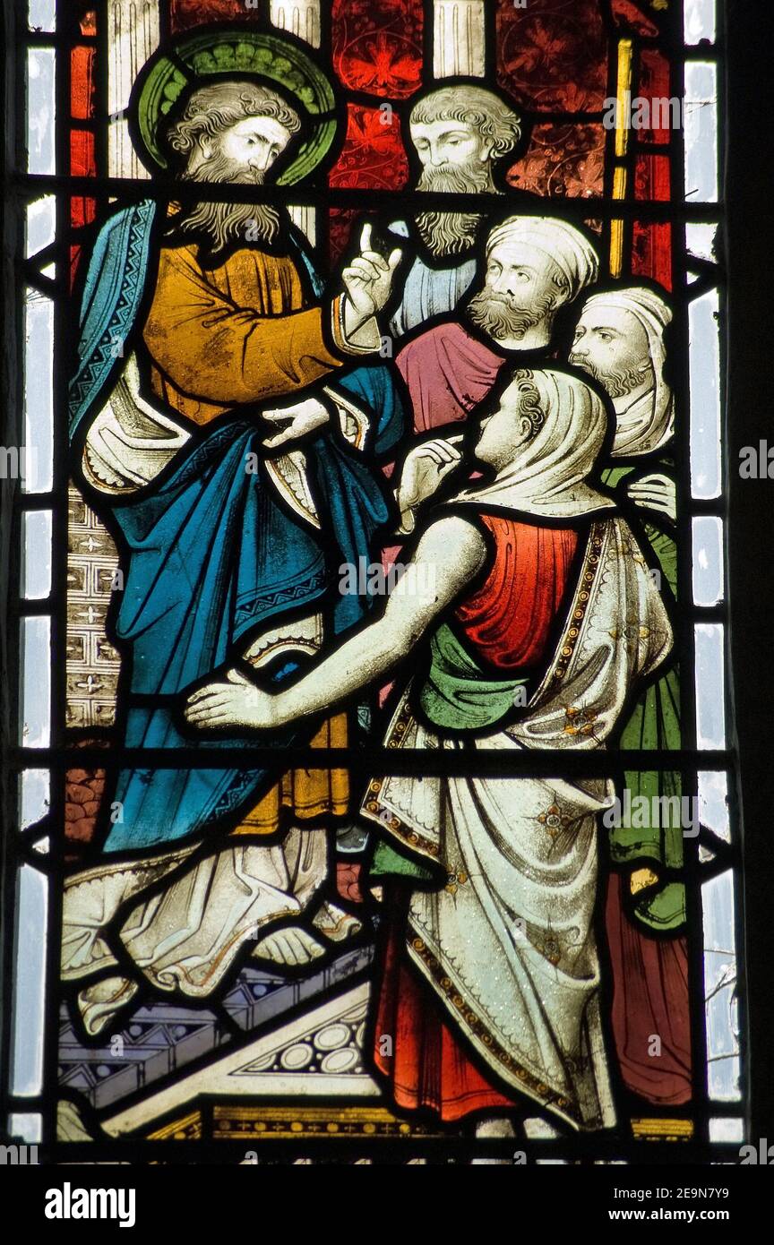 Victorian stained glass window showing Jesus Christ preaching Stock ...