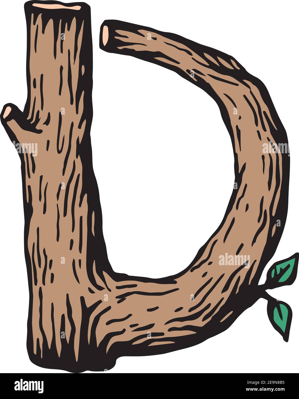 Colored engraving Letter D made of wood with leaves on the white ...