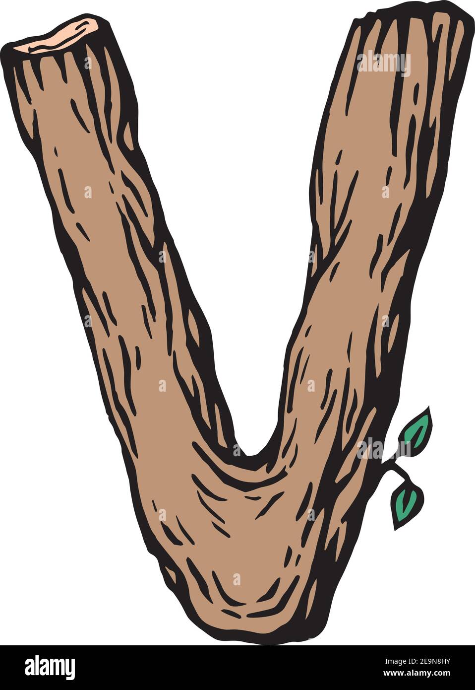 Colored engraving Letter V made of wood with leaves on the white ...