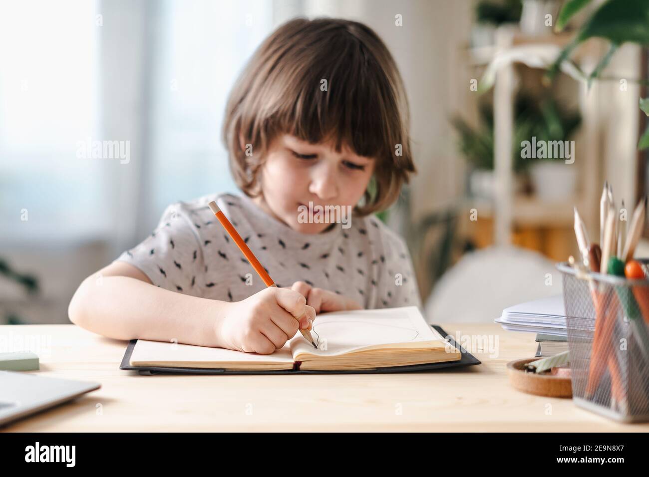 Back to school. Boy at home with laptop Stock Photo - Alamy