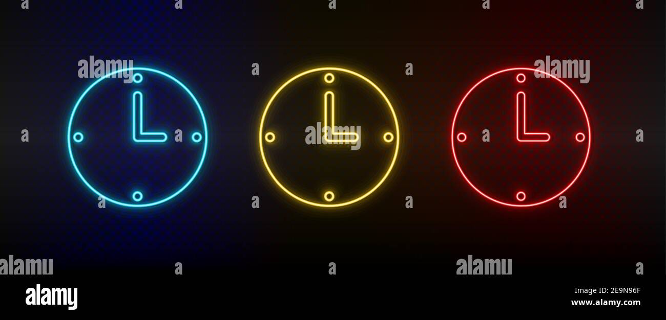 Neon icon set clock, hour. Set of red, blue, yellow neon vector icon ...