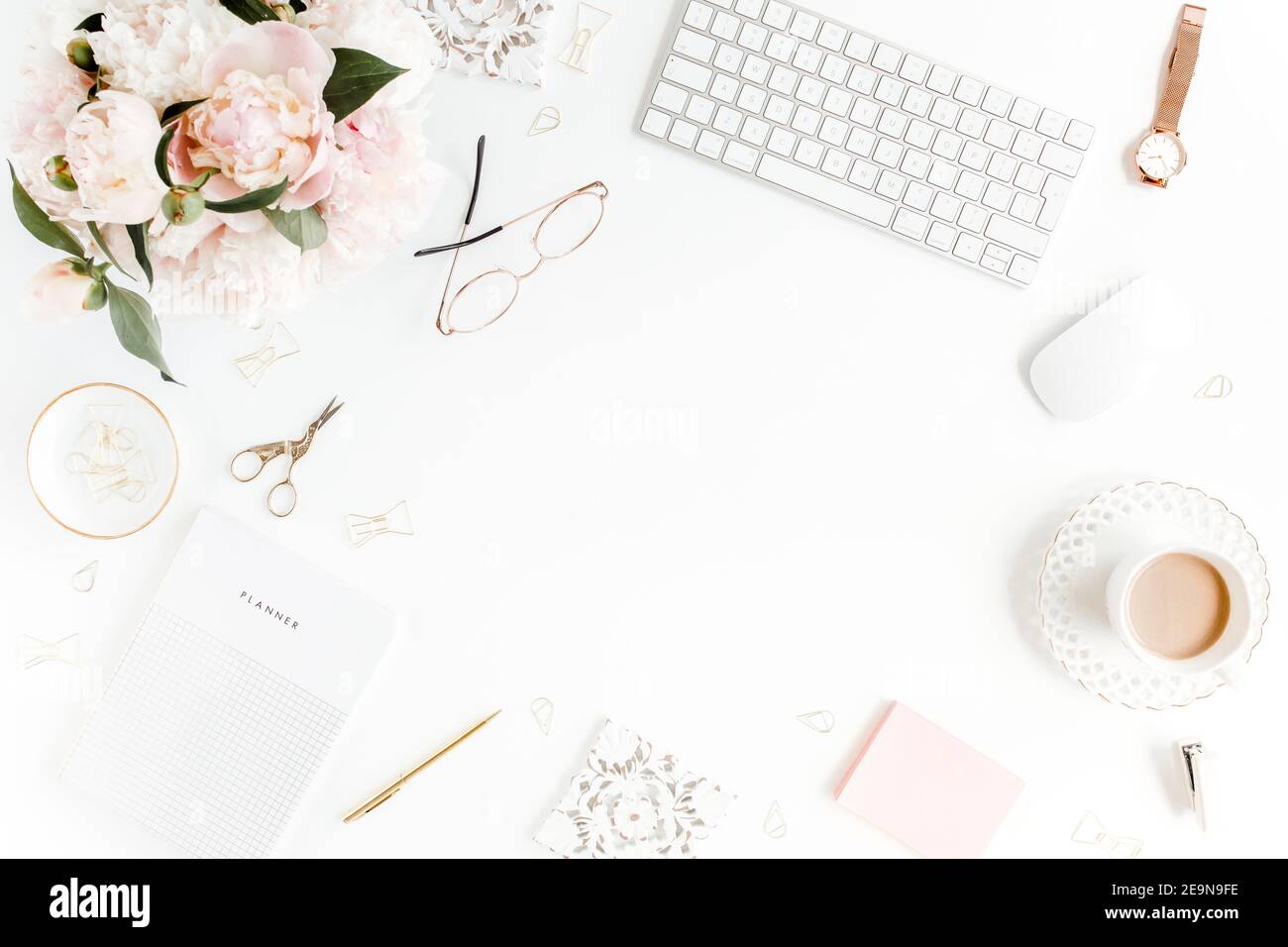 Flat lay women's office desk. Female workspace with computer, pink ...