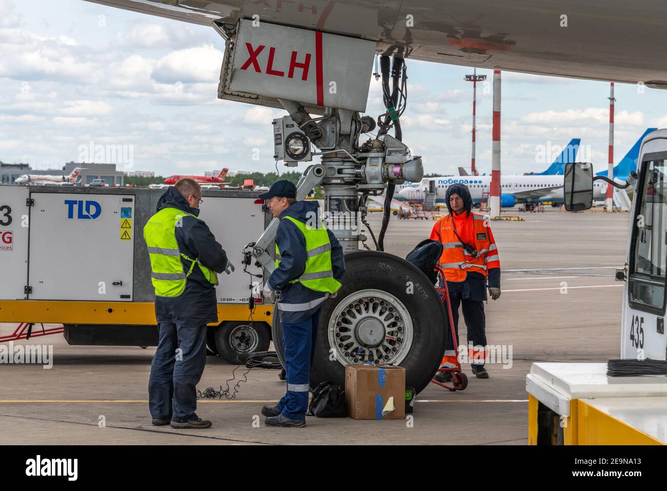 Moscow, Russia - June 6. 2018. Technicians conduct pre-flight ...
