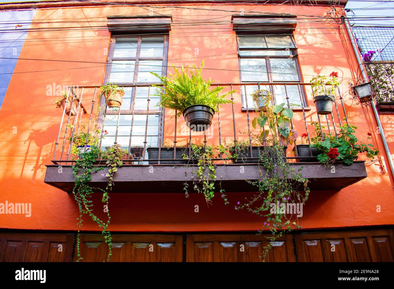 Plants and flowers on balcony from orange Hispanic house Stock Photo ...