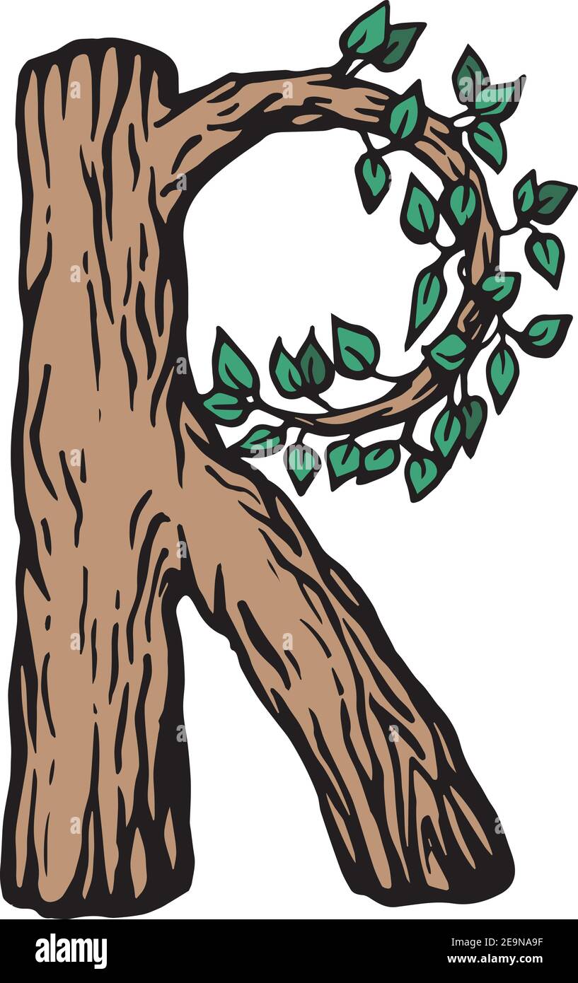 Colored engraving Letter R made of wood with leaves on the white ...